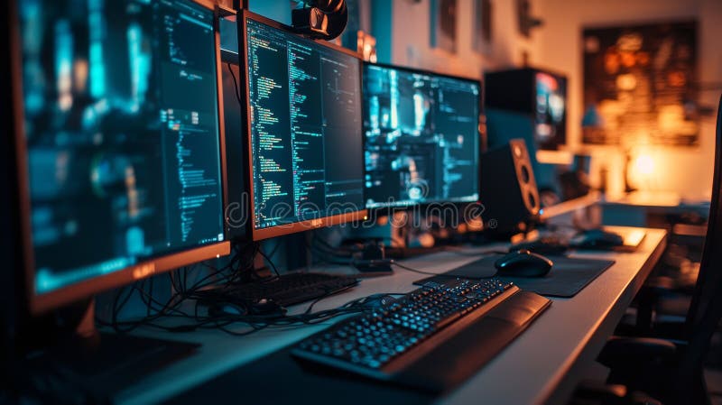 Modern Multi-screen Programming Setup in a Dim Workspace Stock Image ... Modern Multi-screen Programming Setup in a Dim Workspace Stock Image ...