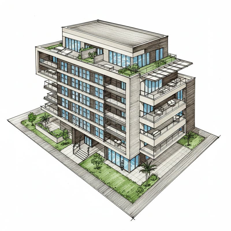 Modern Multi-story Building Design Featuring Large Windows and Multiple ...