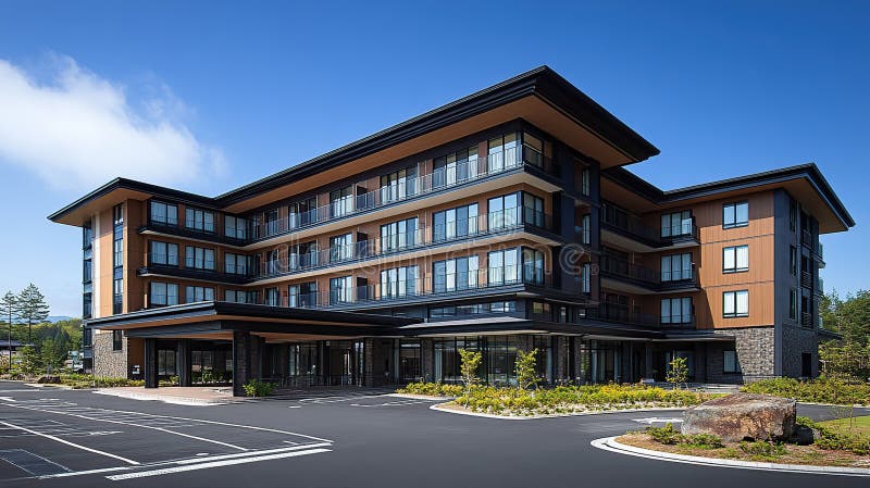 Modern Multi-story Hotel Building with Parking Lot Stock Illustration ...