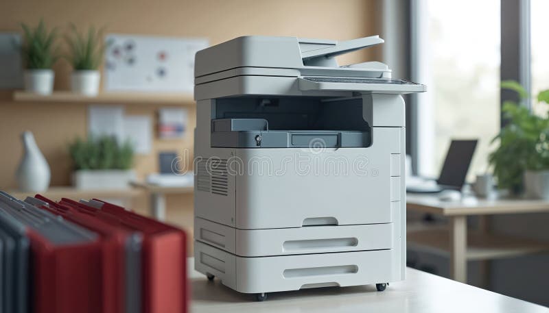 Modern Multifunction Office Copier Printer Device on Desk. White-grey ...