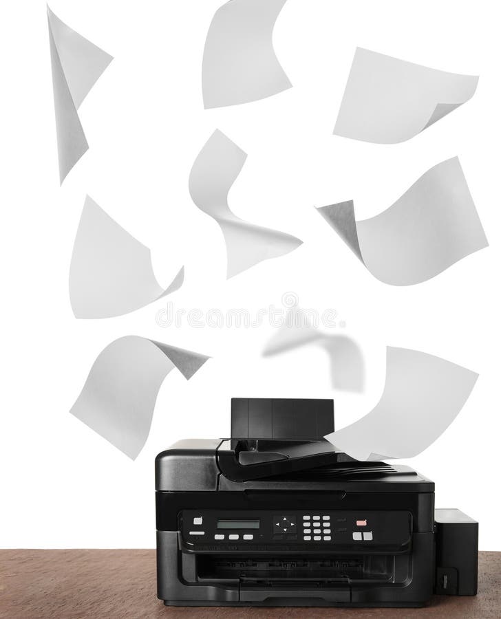 Modern Multifunction Printer on Table and Flying Sheets of Paper ...