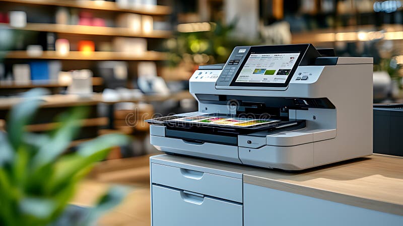 Modern Multifunction Printer with Touchscreen on Wooden Desk in Office ...