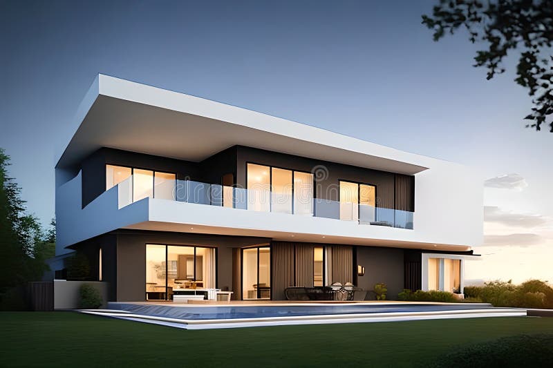 A Modern Multigenerational House with Dramatic Lighting Stock ...