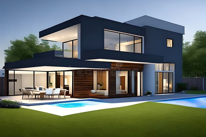 A Modern Multigenerational House with Dramatic Lighting Stock ...