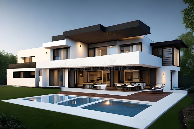 A Modern Multigenerational House with Dramatic Lighting Stock ...