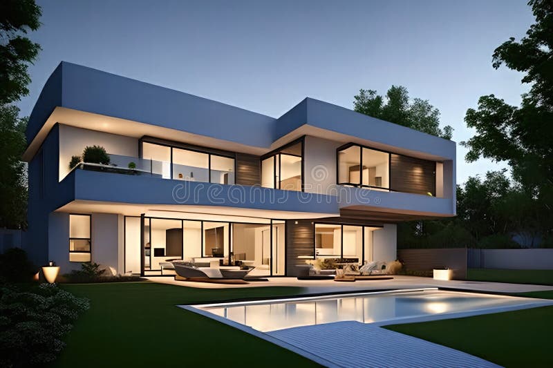 A Modern Multigenerational House with Dramatic Lighting Stock ...