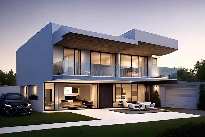 A Modern Multigenerational House with Dramatic Lighting Stock ...