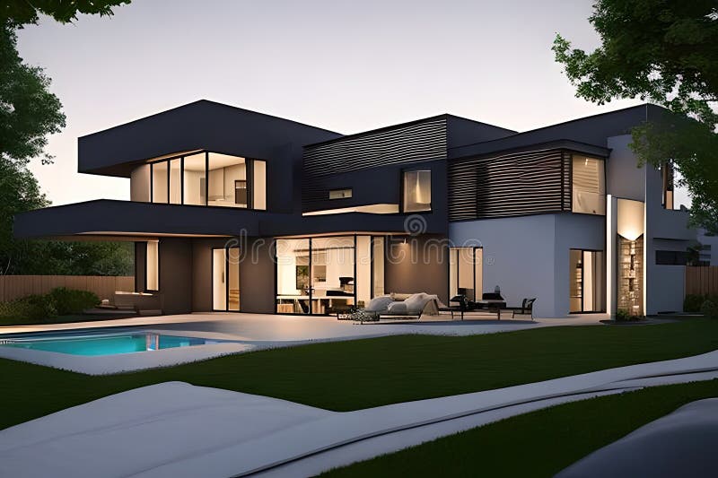 A Modern Multigenerational House with Dramatic Lighting Stock ...