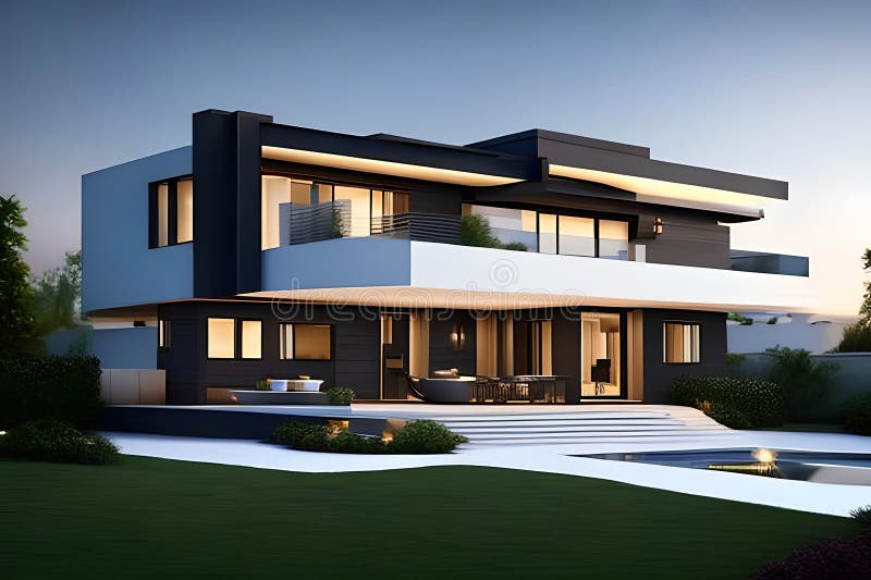 A Modern Multigenerational House with Dramatic Lighting Stock ...