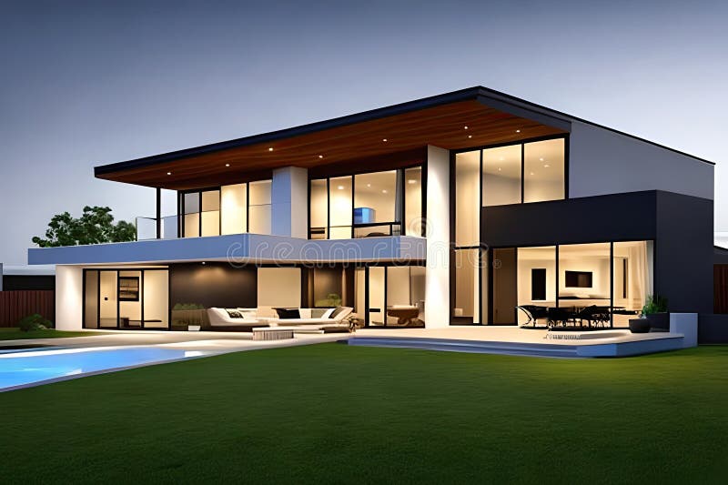 A Modern Multigenerational House with Dramatic Lighting Stock ...