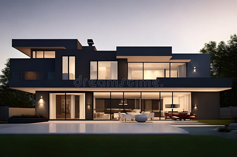 A Modern Multigenerational House with Dramatic Lighting Stock ...