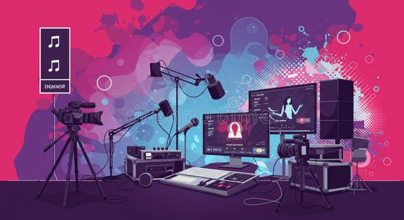 Modern Multimedia Studio Setup Featuring Multiple Cameras on Tripods, a Desktop Stock ...