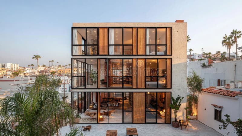 Modern Multistory Building with Wood and Concrete Exterior Stock Image ...