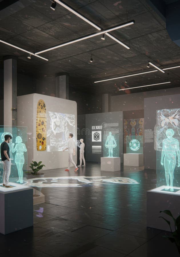 Modern Museum Exhibit Featuring Holographic Art Installations Stock Illustration - Illustration ...