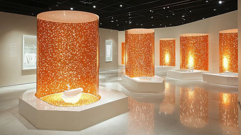 Modern Museum Exhibit Featuring Translucent, Glowing Orange Cylindrical ...