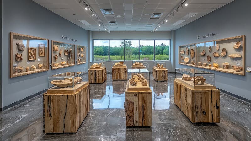 Modern Museum Exhibit Showcasing Handcrafted Wooden Artifacts with a ...