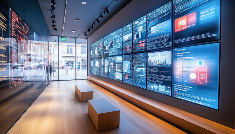 Modern Museum Exhibition Displaying Interactive Information on Big ...