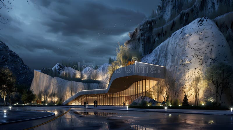 Modern Museum Exterior at Night with Dramatic Lighting Stock ...