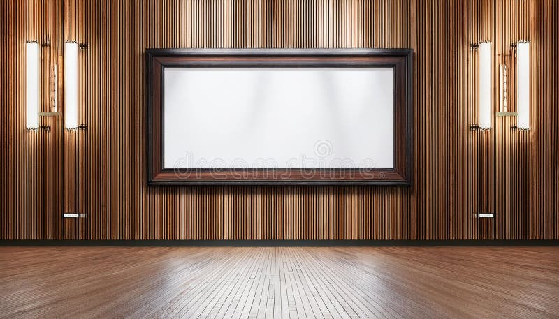 Modern Museum Interior with an Empty Frame on a Wooden Panel Wall. 3D ...