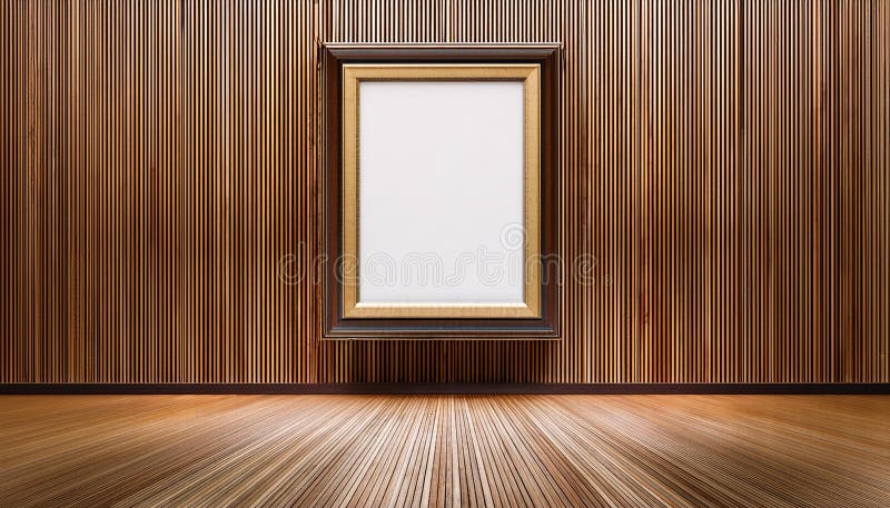 Modern Museum Interior with an Empty Frame on a Wooden Panel Wall. 3D ...
