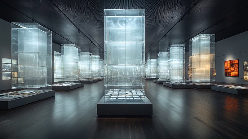 A Modern Museum Interior Featuring Transparent Displays and Sleek ...