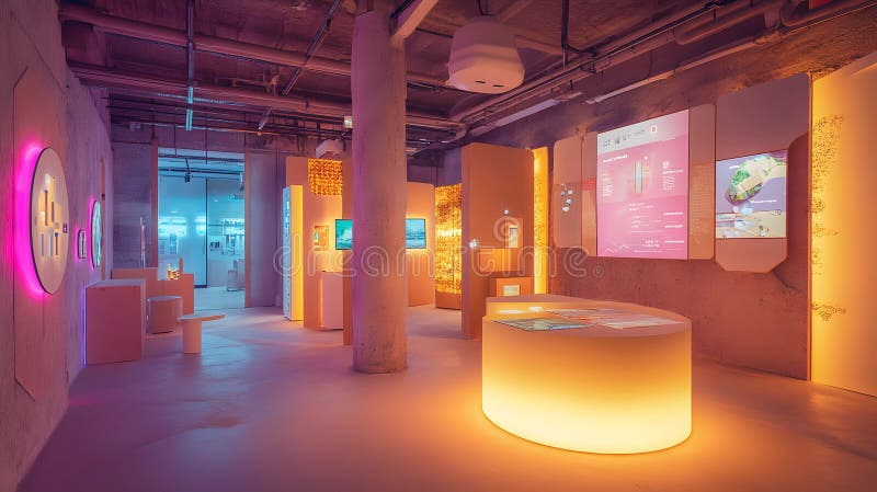 Modern Museum Interior with Warm Lighting and Interactive Exhibits ...