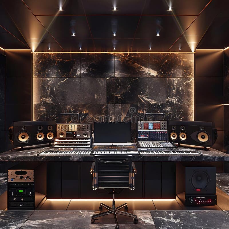 A Modern Music Production Studio with a Sleek, Dark Marble Backdrop ...