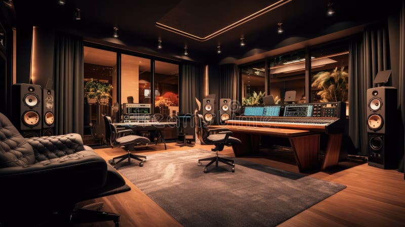 Modern Music Record Studio Control Room with Computer Screen Show User ...