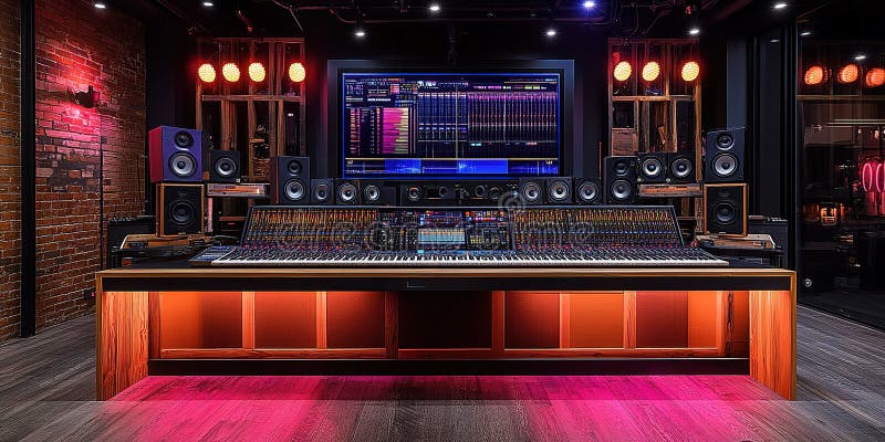 Modern Music Studio with Advanced Mixing Console and Ambient Lighting ...