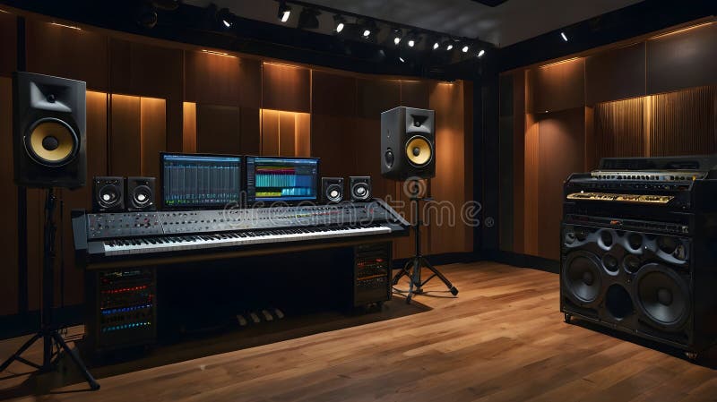 A Modern Music Studio Featuring a Mixing Console, Speakers, and ...