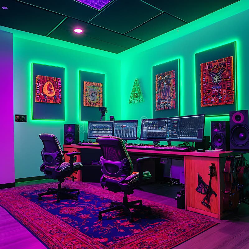 Modern Music Studio with Neon Lights and Colorful Artwork Stock ...