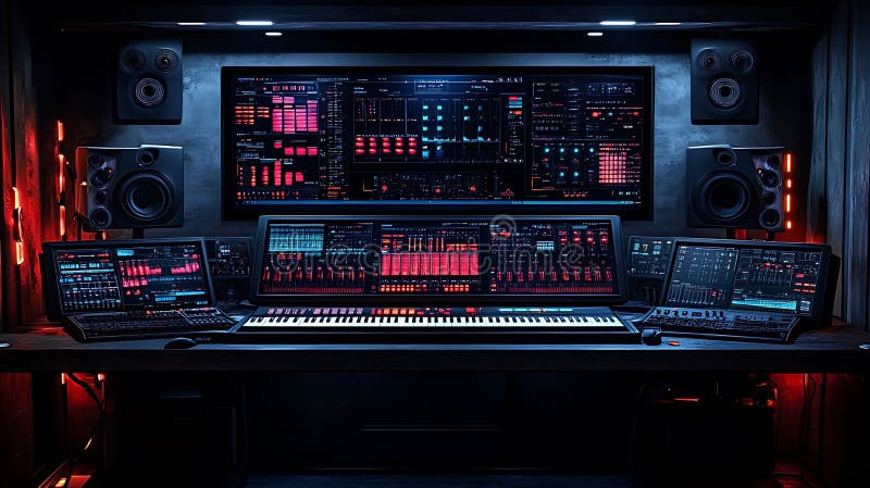 A Modern Music Studio Setup with a Large Computer Screen, a Keyboard ...