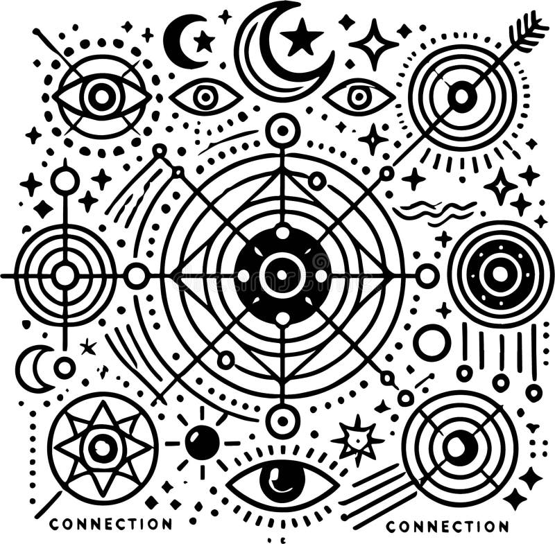 Mystical Geometric Celestial Illustration with Eyes, Moons, and Stars ...
