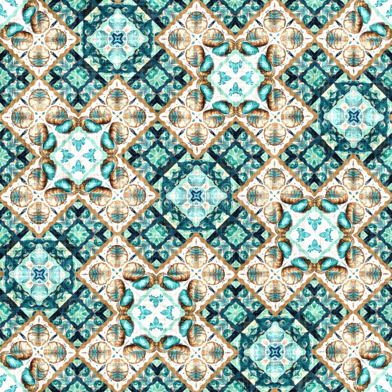 Teal Beach House Coastal Style Patchwork Pattern Tile. Modern Nantucket ...