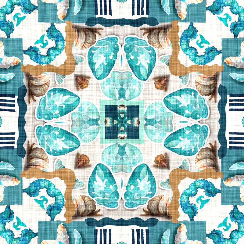 Teal Beach House Coastal Style Patchwork Pattern Tile. Modern Nantucket ...