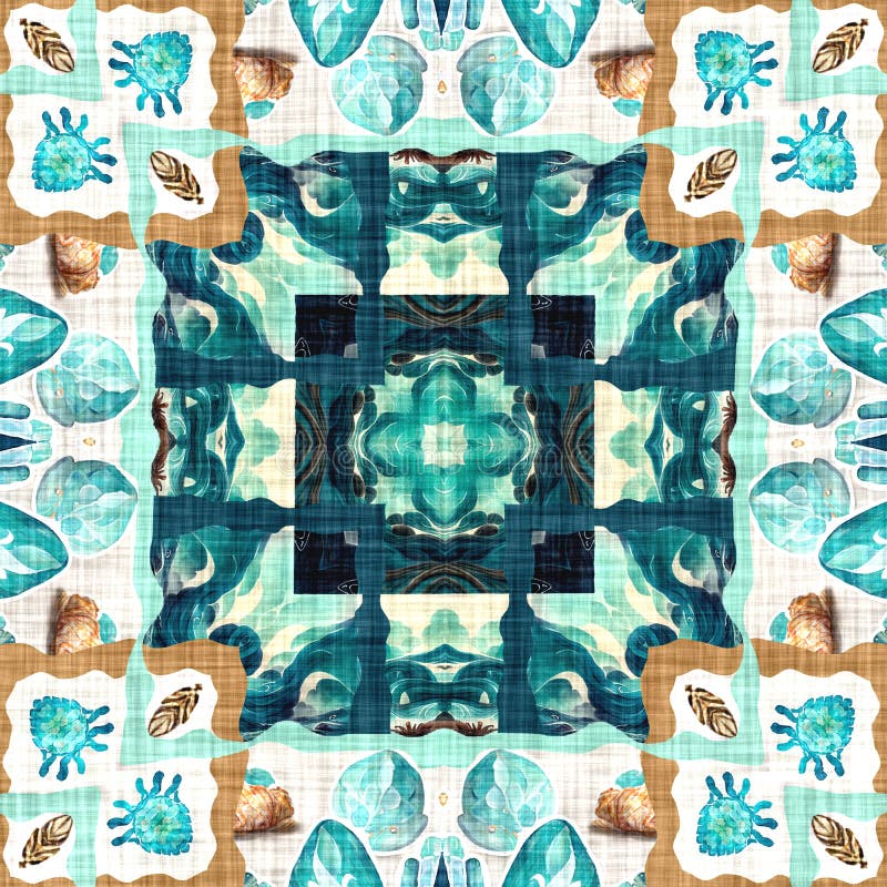 Teal Beach House Border in Coastal Style Patchwork Pattern. Modern ...