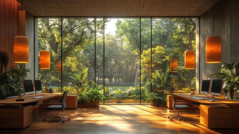 Modern Nature-Inspired Workspace with Large Glass Windows Generative AI ...