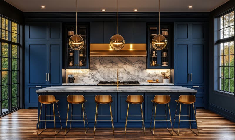 Modern Navy Blue Kitchen with Marble Countertops and Stylish Pendant ...