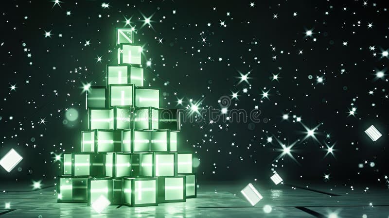 Modern Neon Christmas Tree with Falling Snow Geometric Background Stock ...