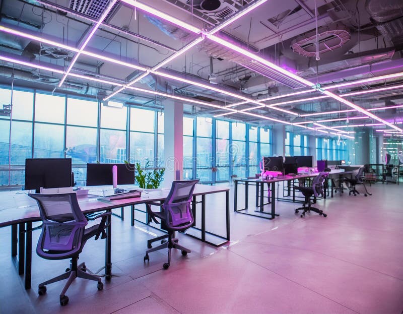 Modern Neon Cyberpunk Open Space Office Interior Blurred with ...