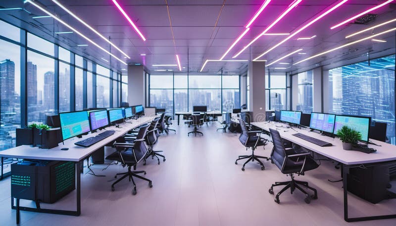 Modern Neon Cyberpunk Open Space Office Interior Blurred with ...