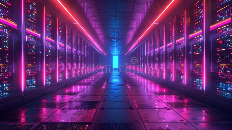 Modern Neon-lit Datacenter Server Room with Glowing Lights, Technology ...