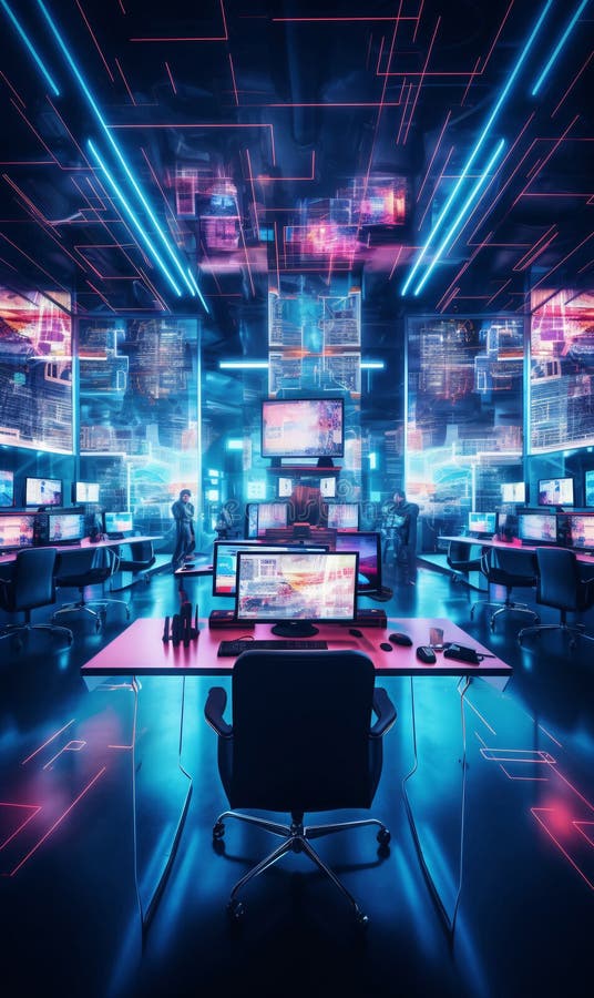 Modern Neon Open Space Office Interior. Blurred Information Technology ...