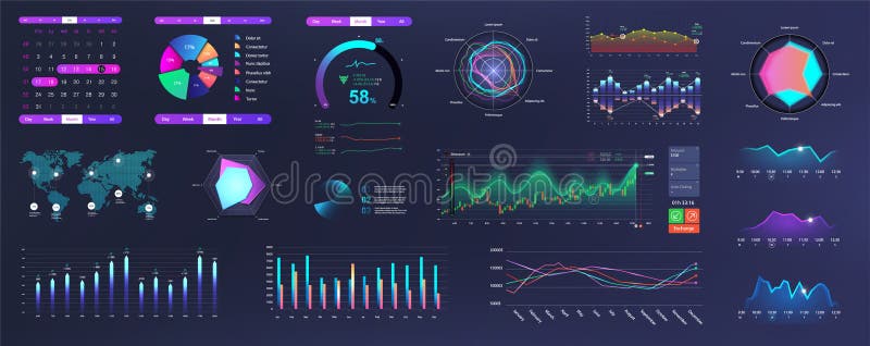 Modern Neon UI, UX and KIT Elements Interface with Charts, Graphics and ...