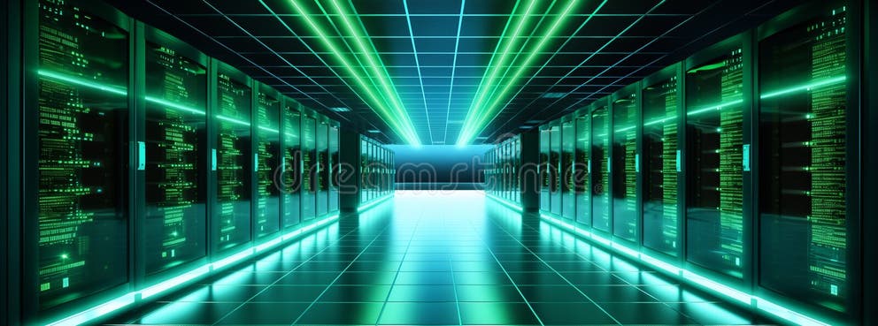 Server Room in Datacenter with Data Servers. Green LED Lights Flashing ...