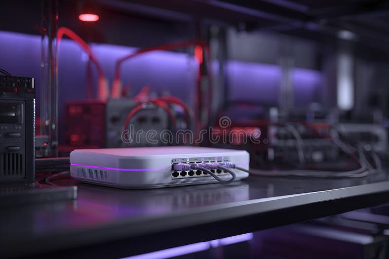 Modern Networking Equipment Displayed on a Sleek Shelf in a Vibrant ...