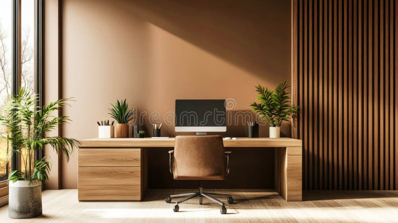 Modern Neutral-tone Office with Mocha Mousse Wall and Minimal Design ...