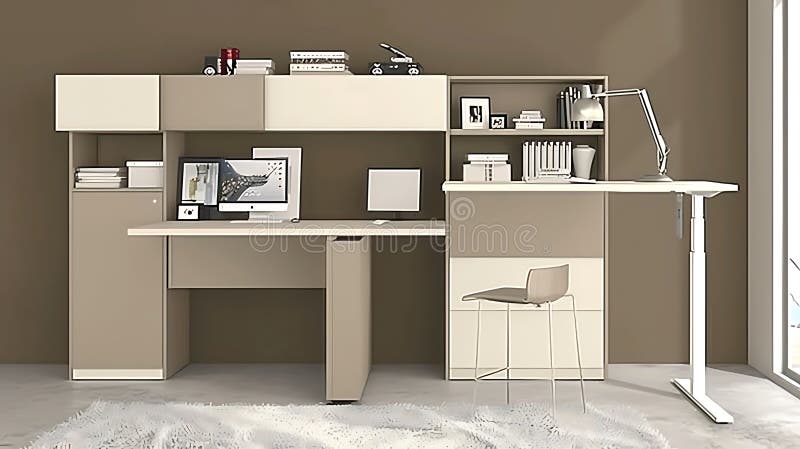 Modern Neutral-toned Workspace Featuring an Adjustable Height Desk and ...