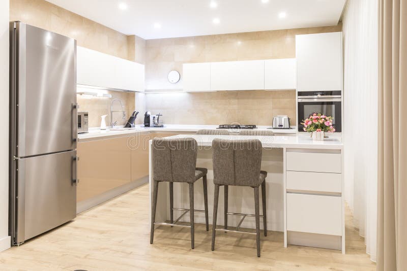 Modern New Kitchen in a Luxurious Apartment Stock Photo - Image of home ...