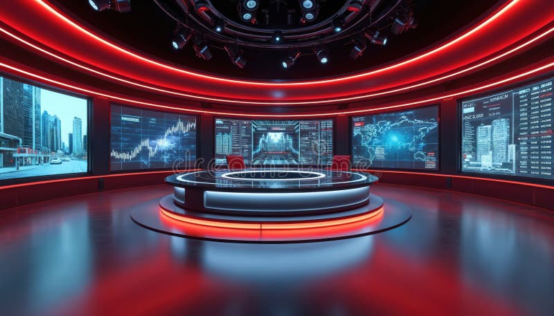 Modern News Broadcast Studio with Circular Presentation Table. Large ...